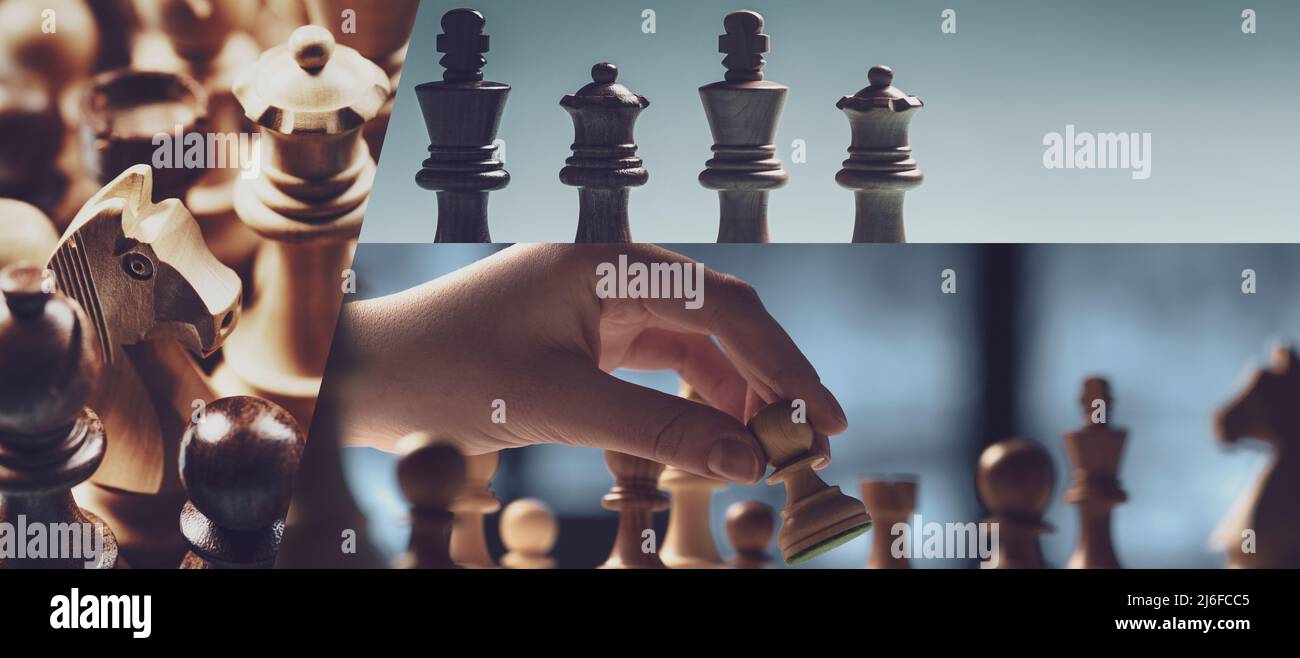 Chess game: luxury wooden chess set and player moving pieces on the chessboard, strategy and ...