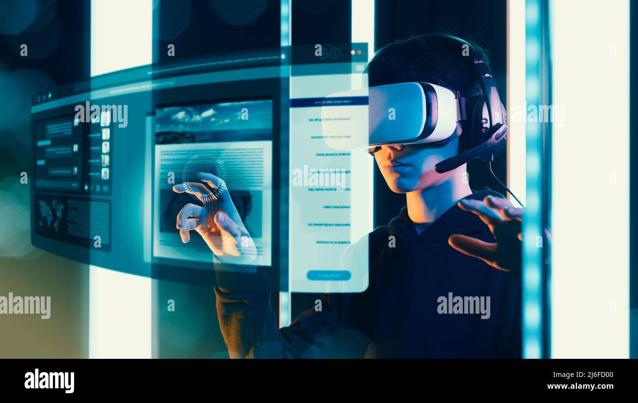 User wearing a VR headset, he is interacting with virtual screens and ...