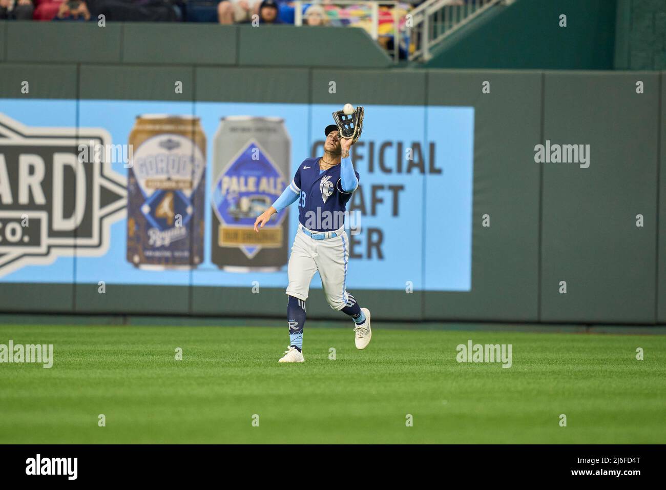 April 30 2022: Kansas City center fielder Kyle Isbel (28) makes a play ...
