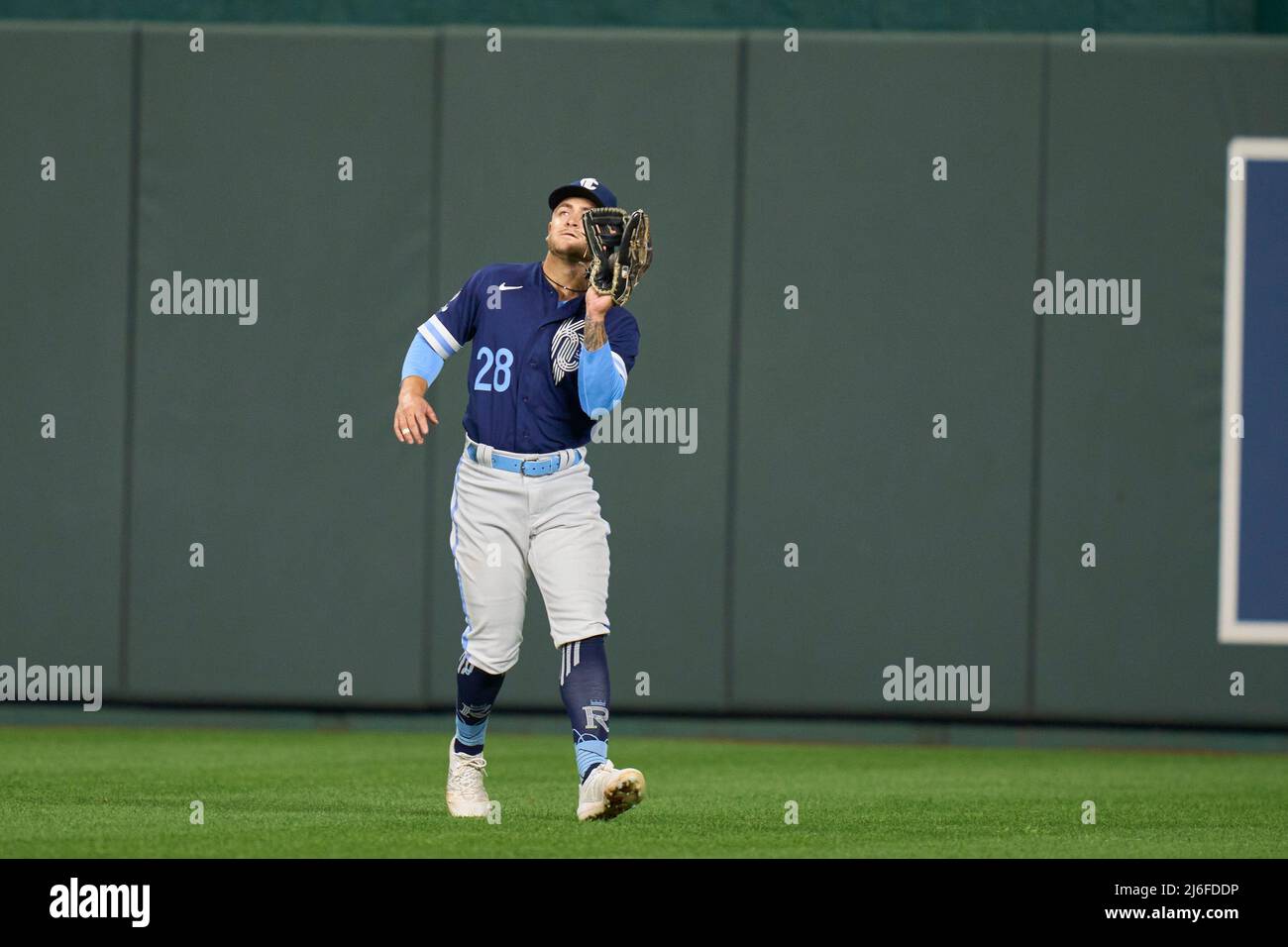 April 30 2022: Kansas City center fielder Kyle Isbel (28) makes a play ...