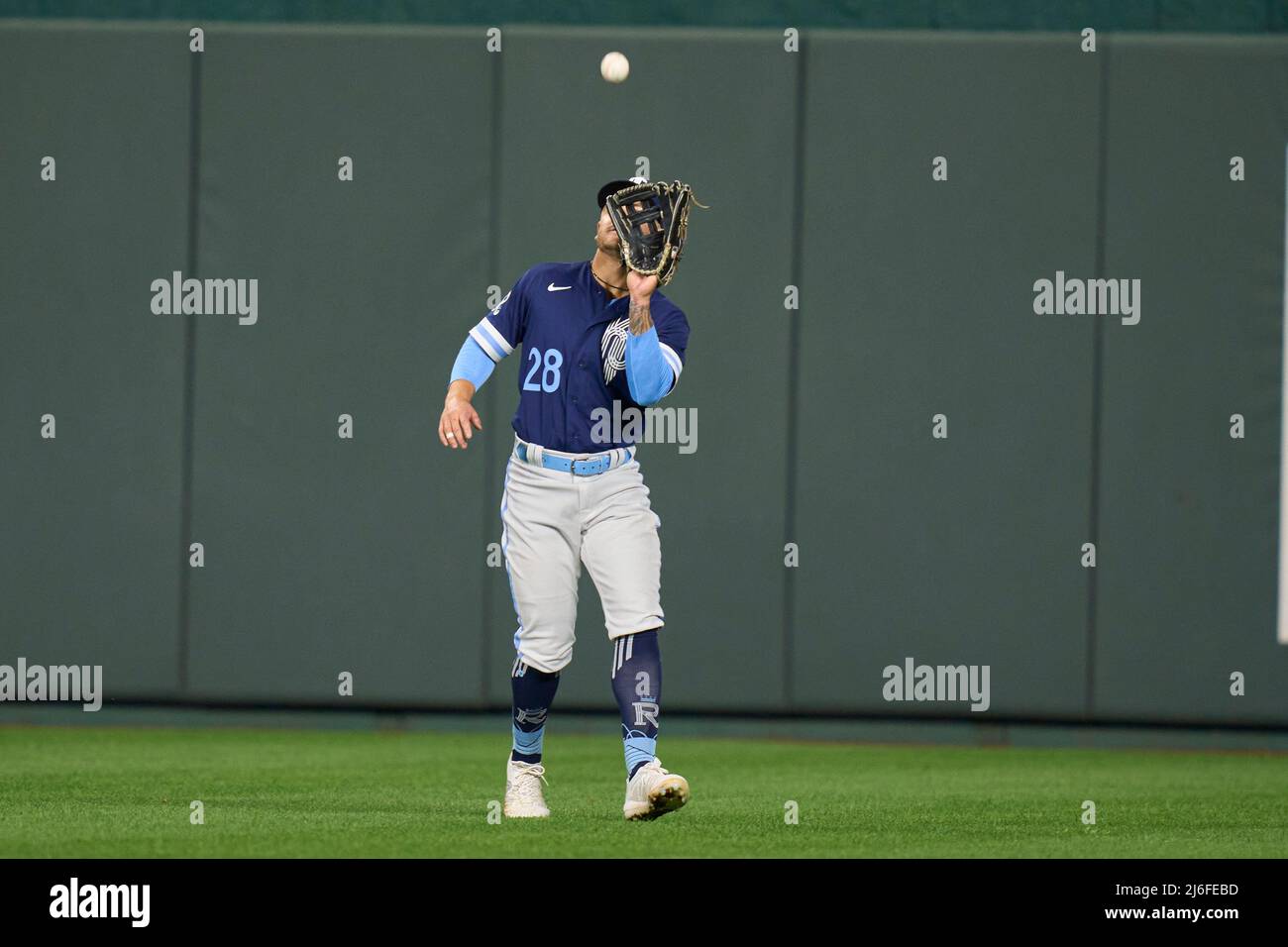 April 30 2022: Kansas City center fielder Kyle Isbel (28) makes a play ...