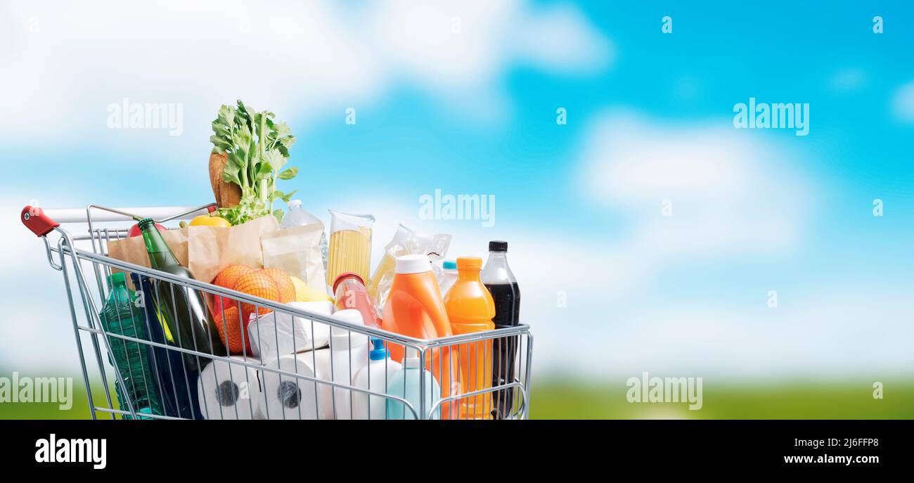 Shopping cart filled with goods and blue sky in the background, grocery ...