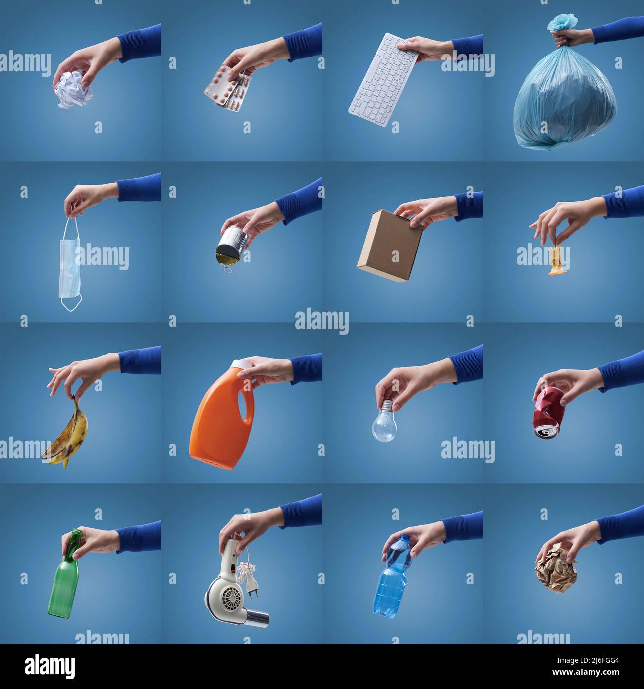 Hands holding different kinds of waste and materials, separate waste ...