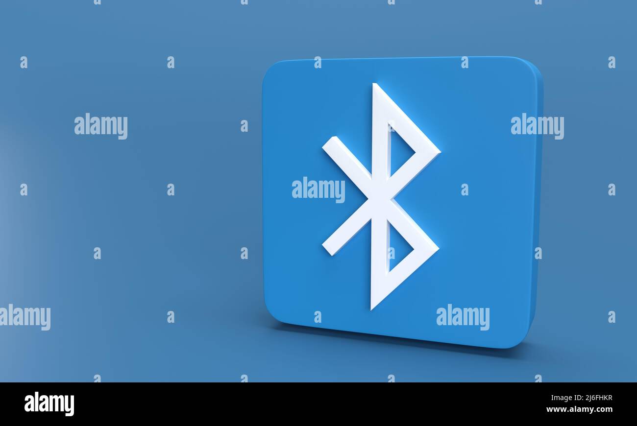 Bluetooth icon on rounded rectangle against light blue background. 3D ...
