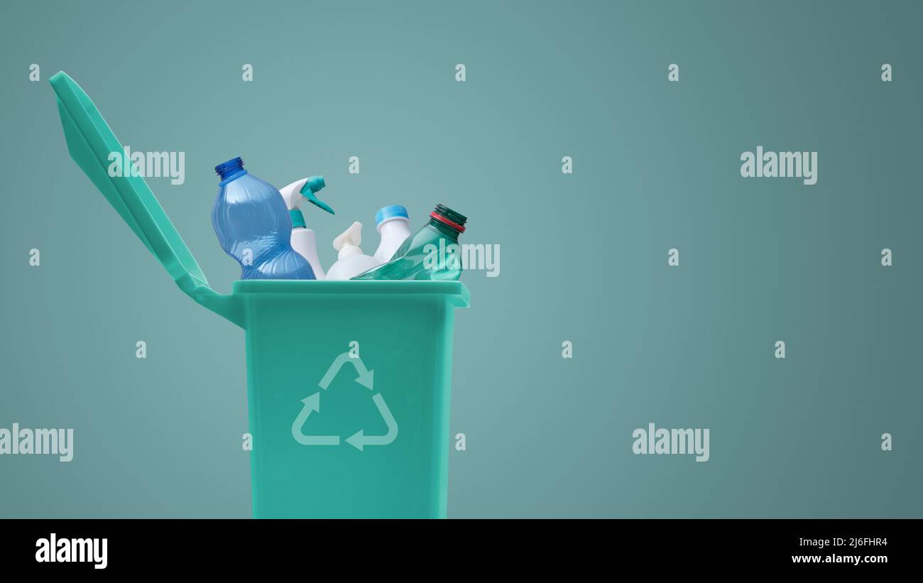 Recycling bin full of plastic waste, separate waste collection concept ...