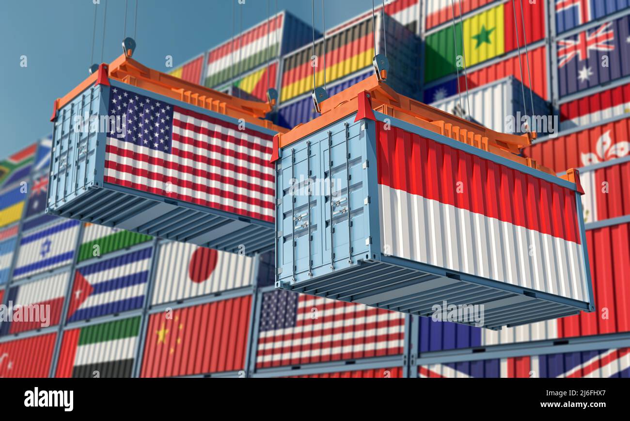 Cargo containers with USA and Indonesia national flags. 3D Rendering ...