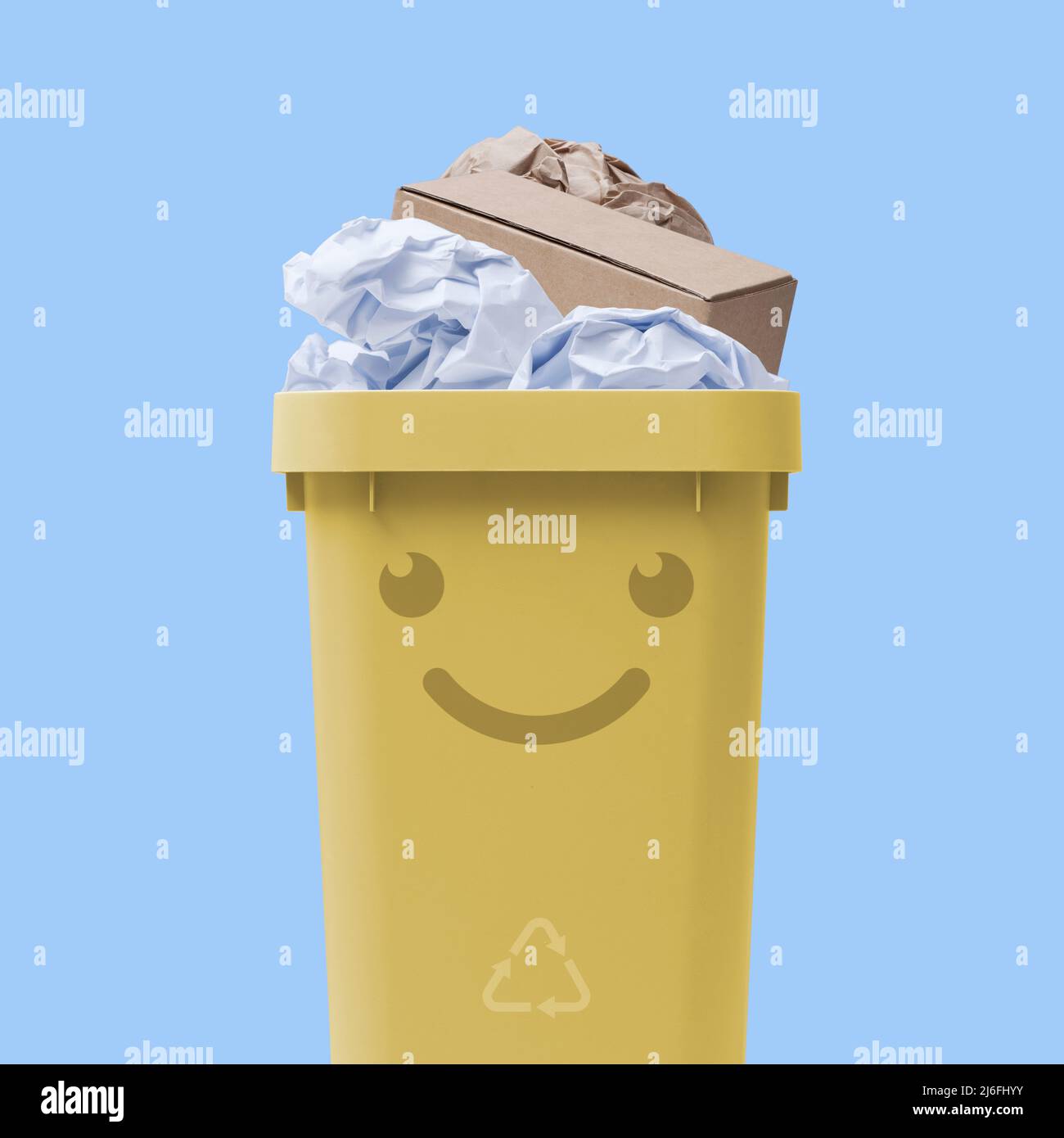 Cute smiling recycling bin character full of paper waste, separate ...