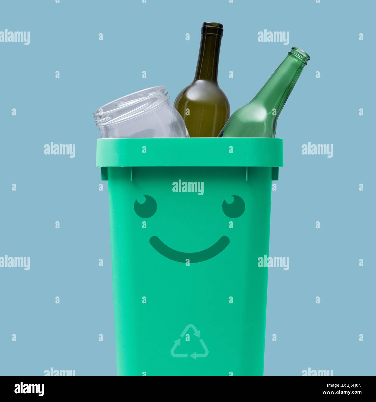 Smiling garbage can full of glass waste, recycling and separate waste ...
