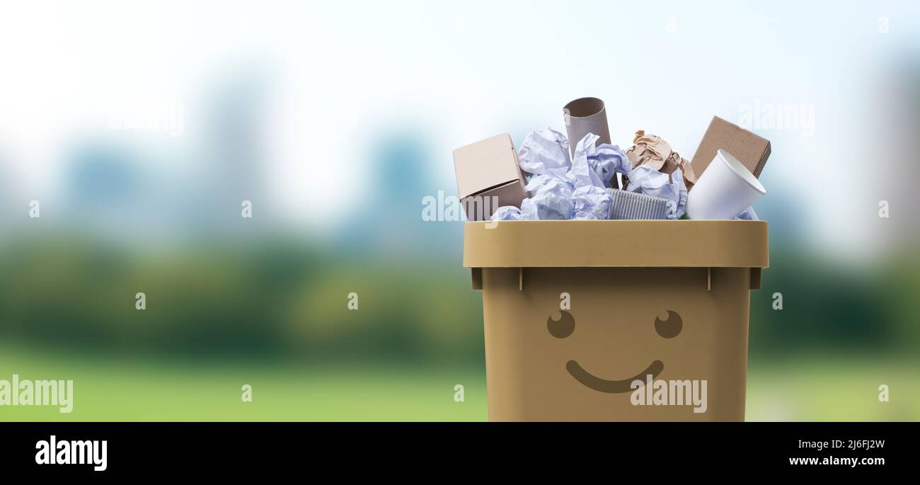 Cute smiling recycling bin character full of paper waste, separate ...