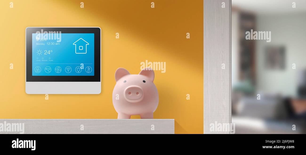 Smart home digital display on a wall: smart home and energy saving ...
