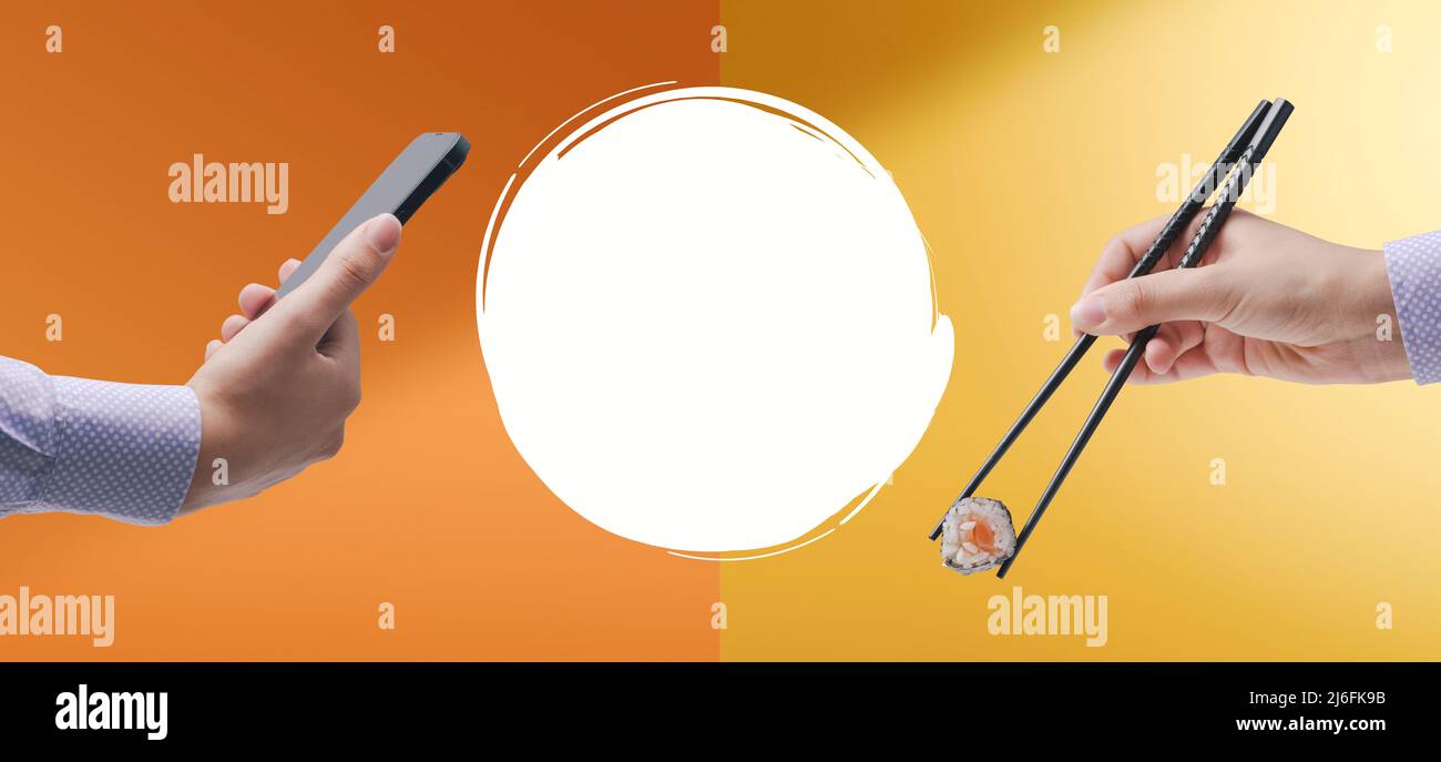 Customer ordering delivery food using her smartphone and eating sushi ...