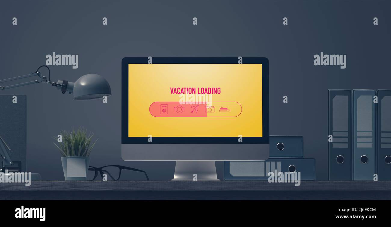 Vacation loading bar on the office computer screen, summer break ...