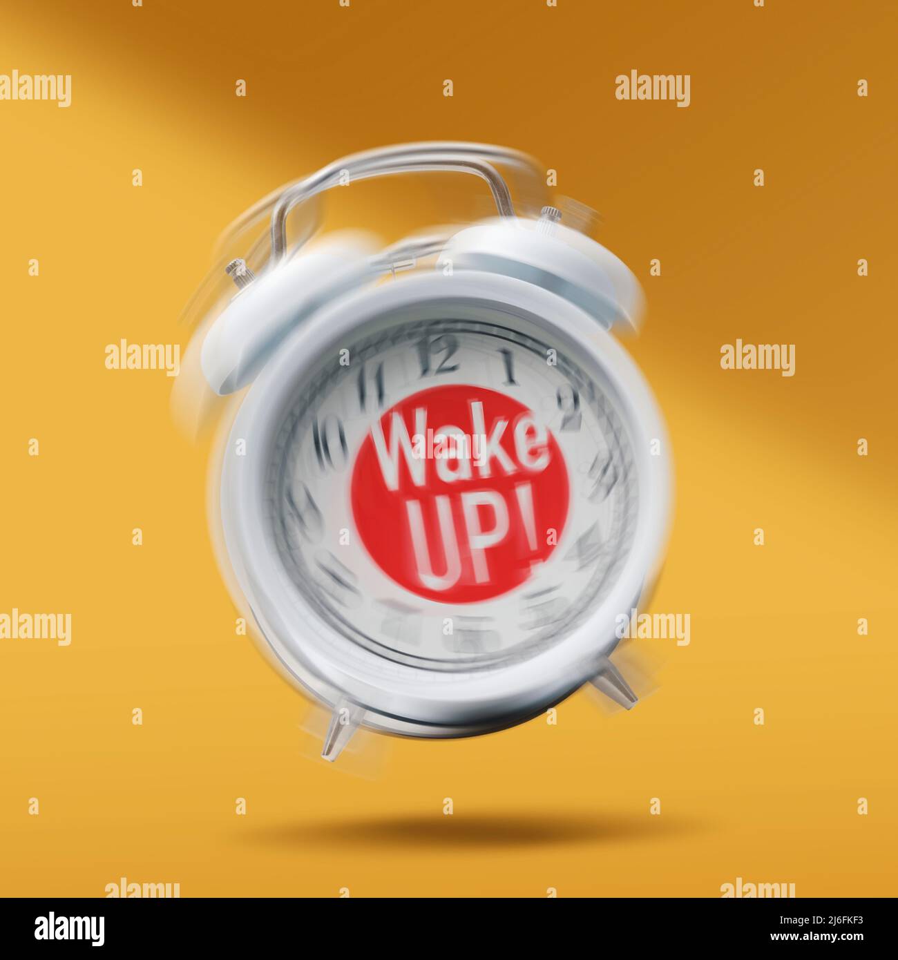 Funny vintage twin bell alarm clock ringing, wake up text in the ...