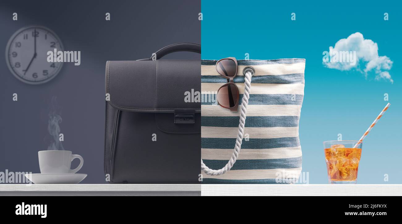 Boring briefcase and coffee vs beach bag with cocktail, work and ...