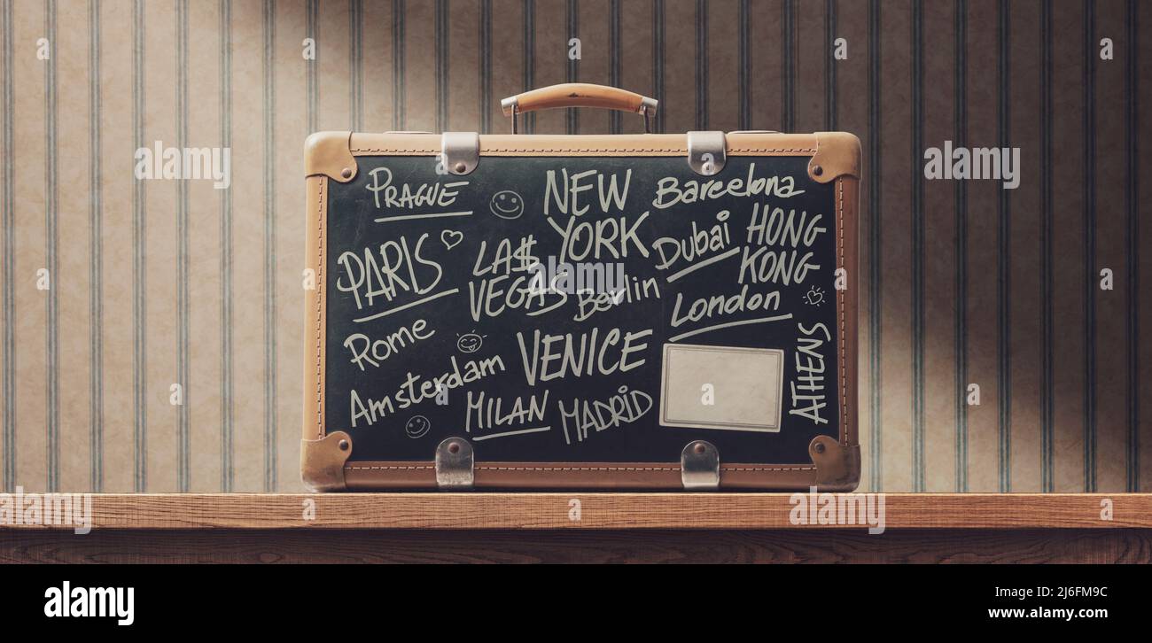 Vintage suitcase with names of capital cities: international travel ...