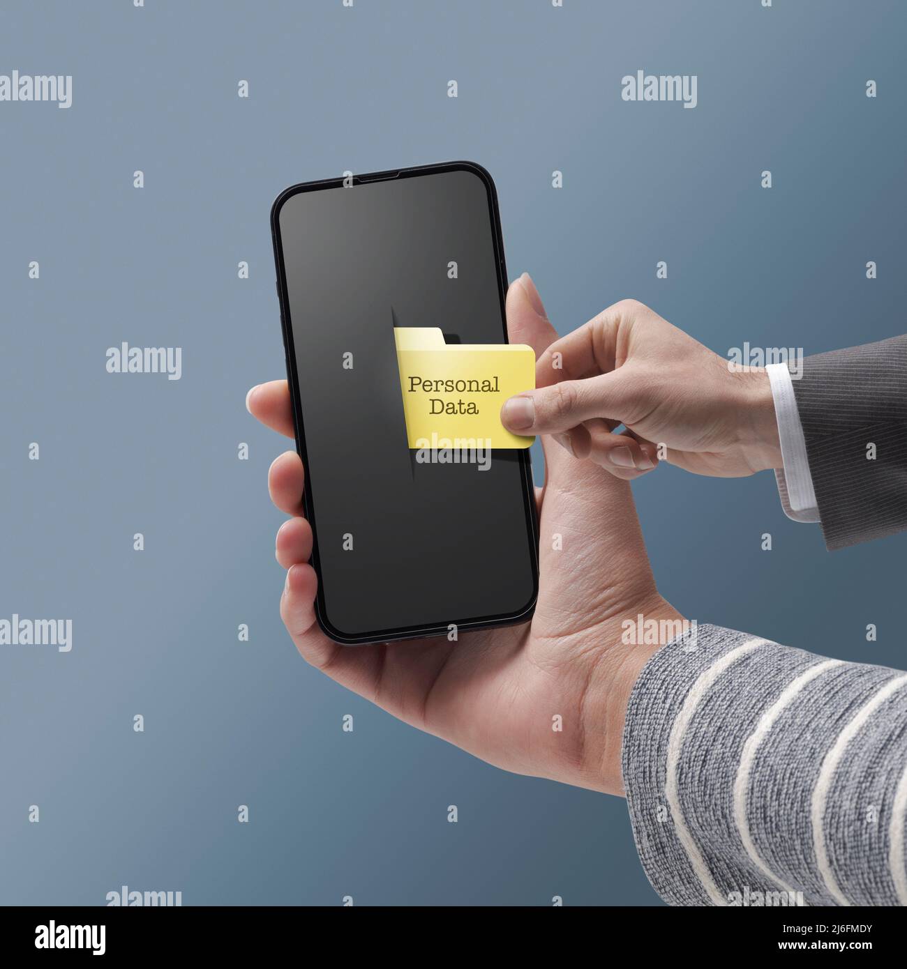 Businessman stealing a user's personal data stored in his smartphone ...