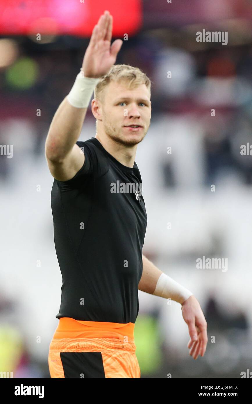 Aaron Ramsdale #32 of Arsenal acknowledges the support at the final ...
