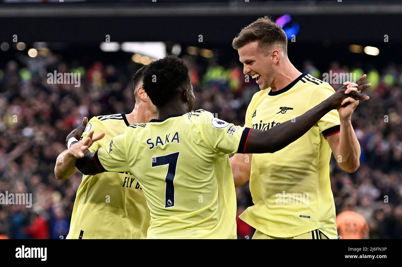 London UK 1st May 2022. Rob Holding (Arsenal, right) celebrates scoring ...