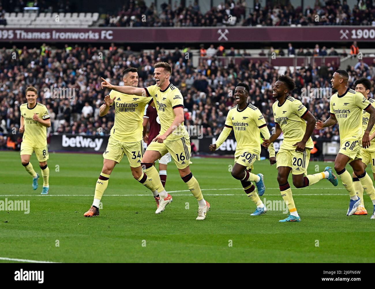 London UK 1st May 2022. Rob Holding (Arsenal, 16) celebrates scoring ...