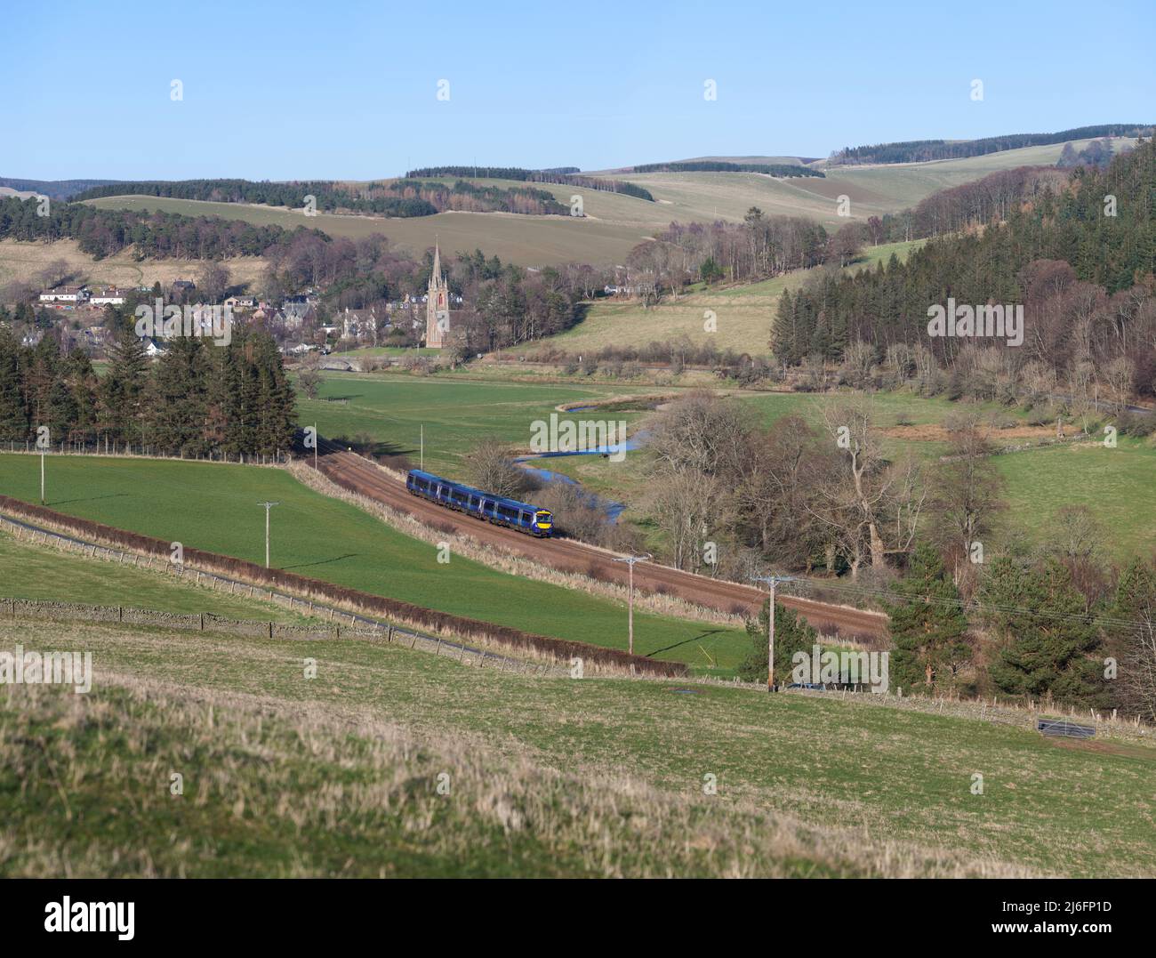 Scotrail class 170 DMU train 170408 passing the countryside and Stow St ...