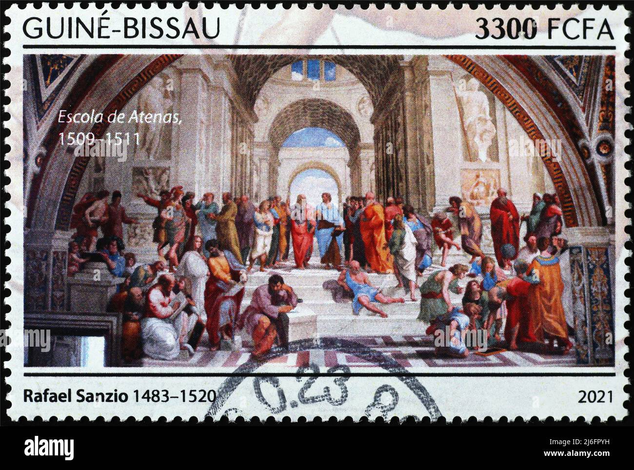 School of Athens by Raphael on postage stamp Stock Photo - Alamy