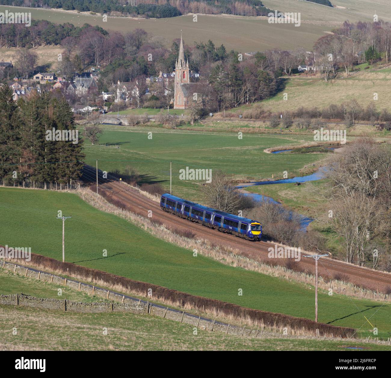 Scotrail class 170 DMU train 170408 passing the countryside and Stow St ...