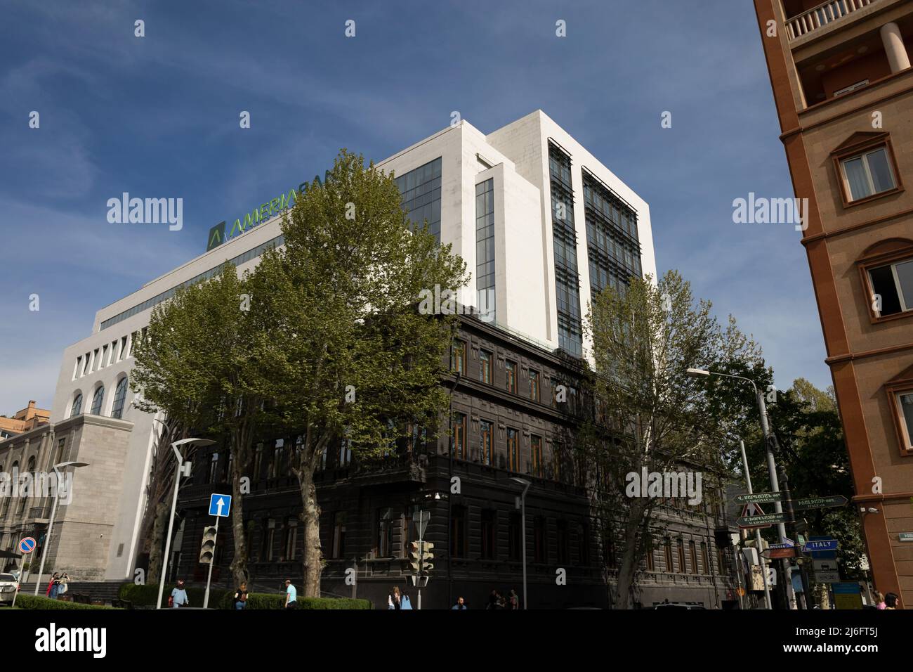 Ameria bank building in the center of Yerevan - combination of old and new architectures Stock ...