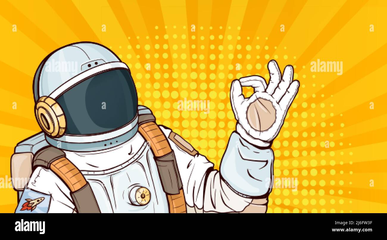 Astronaut in spacesuit showing ok gesture pop art vector illustration ...