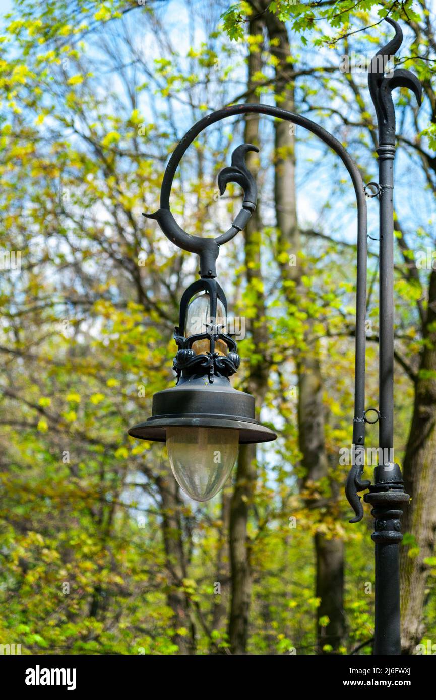 Old street lantern lighting on facade of building. Twilight on city ...