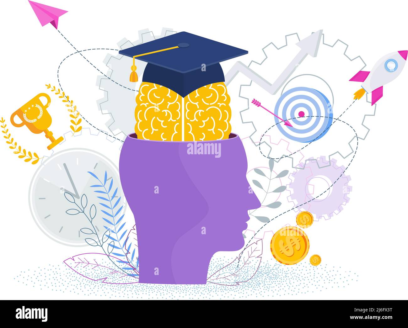 Head with brain and university graduate cap. Graduation gown Stock ...