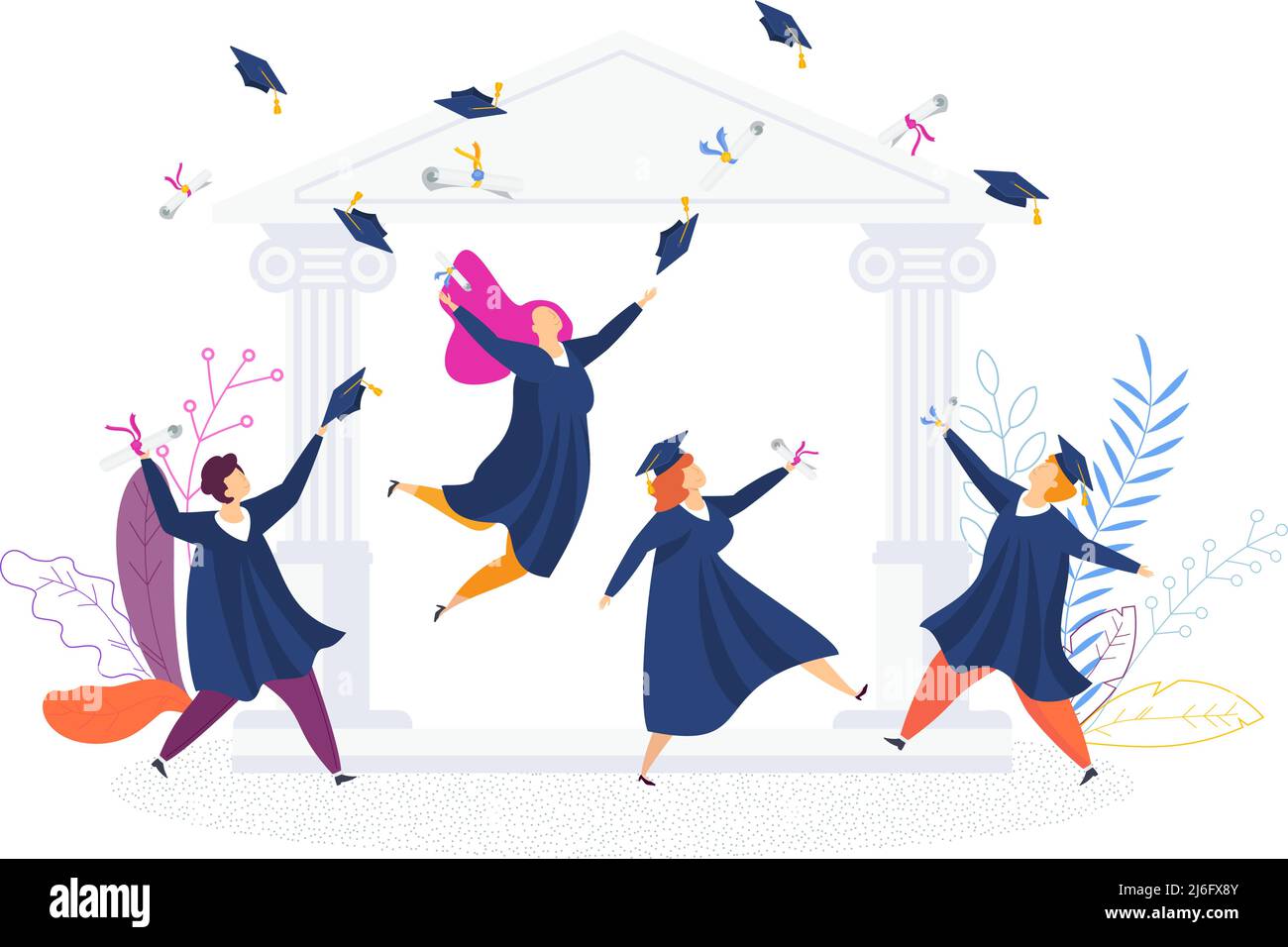 Happy Young Group Graduation Jumping. Graduation gown. Student party ...
