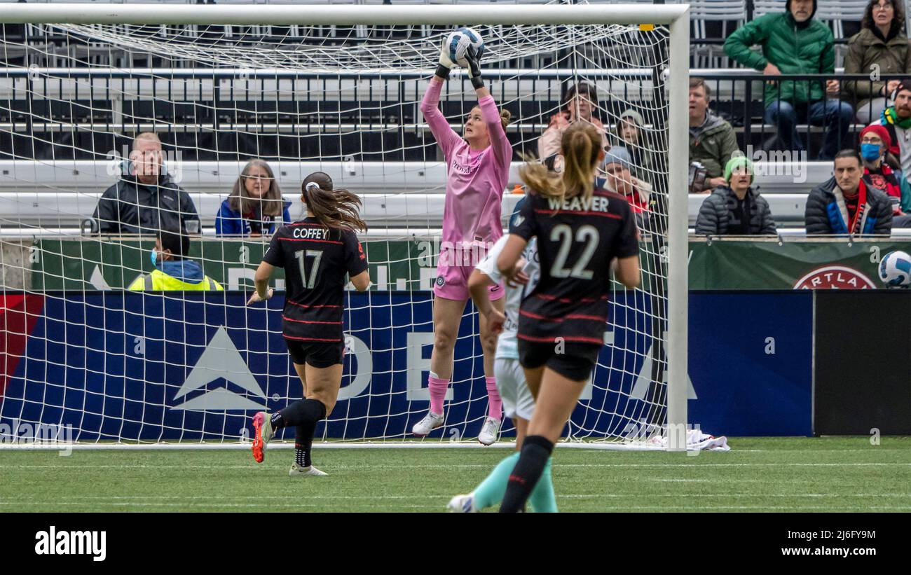 Portland goalie Bella Bixby catches a high Kansas City cross in the ...
