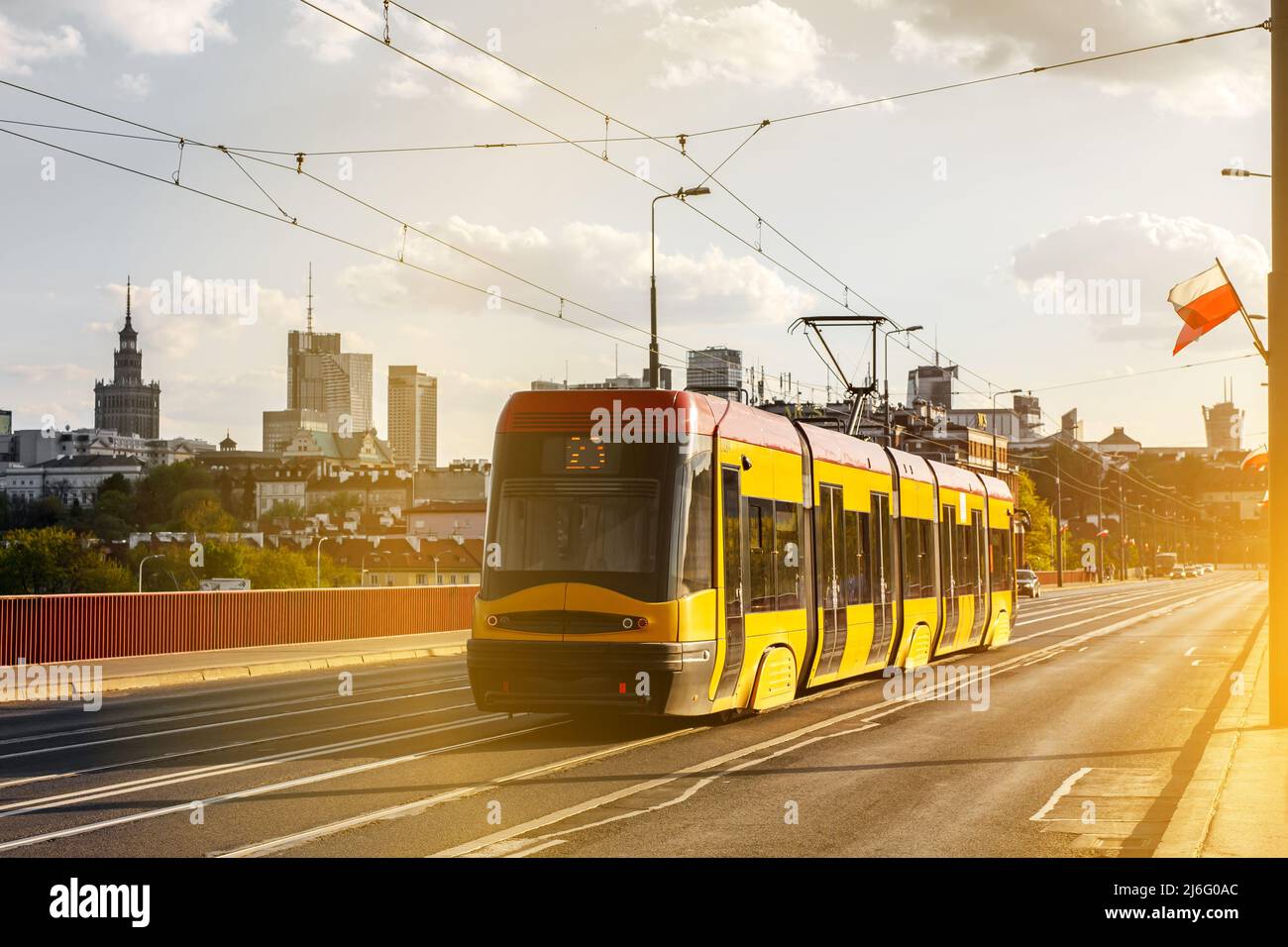 Tram in the city. Moderm public transport concept. Warsaw, Poland Stock ...