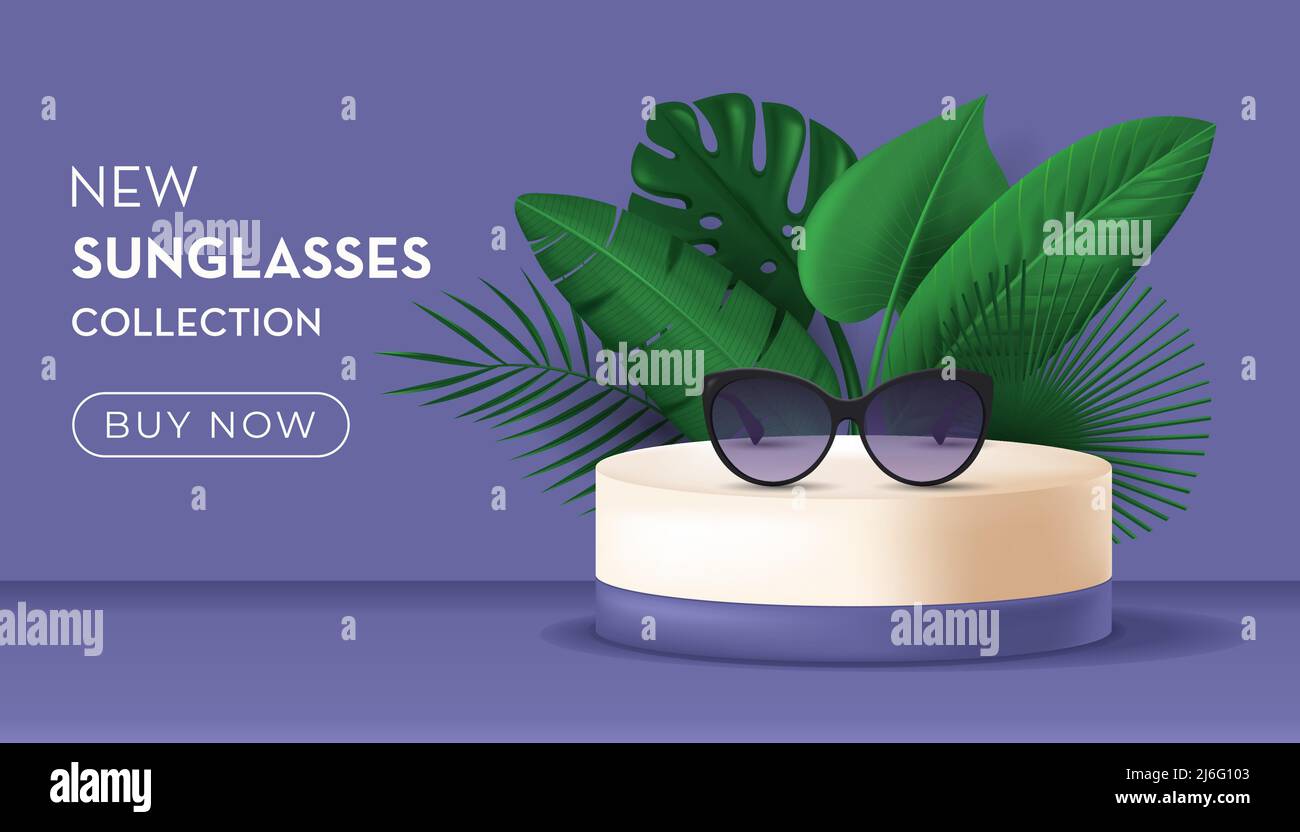 Sunglasses on podium with tropical leaves. New collection, summer goods ...