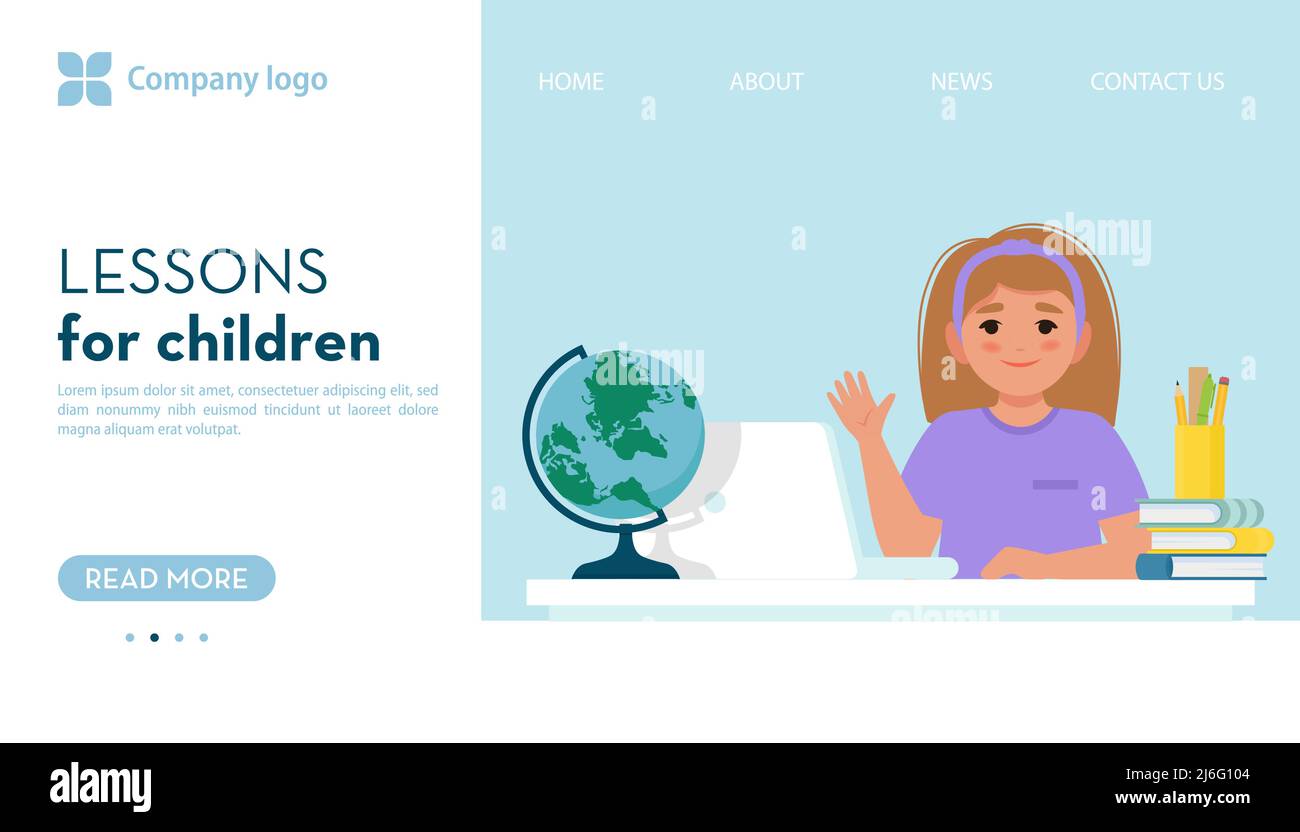 Online Lesson for children banner. Girl have online learning using ...