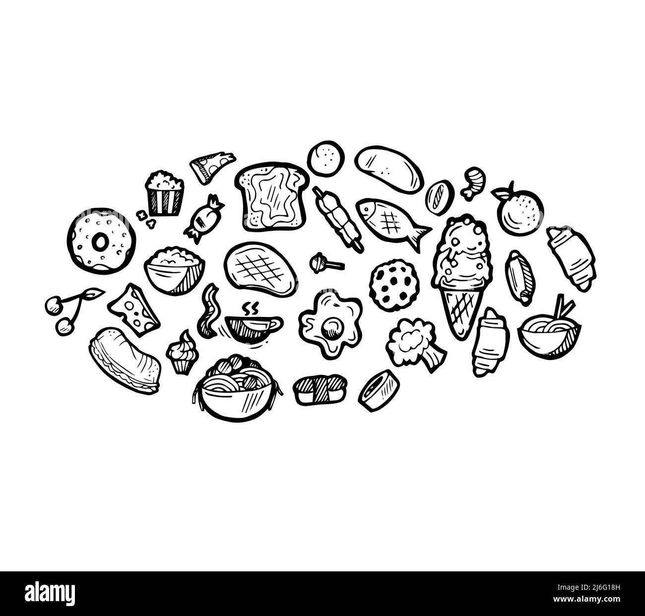 Set of food in form of ellipse. Baking buns and meat dishes. Hand ...