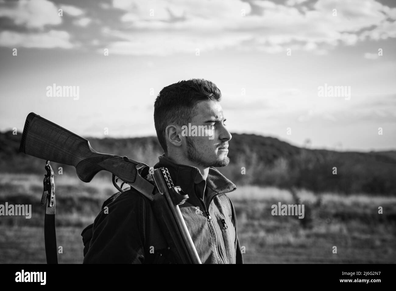 Autumn hunting season. Hunter with shotgun gun on hunt. Autunm hunting ...