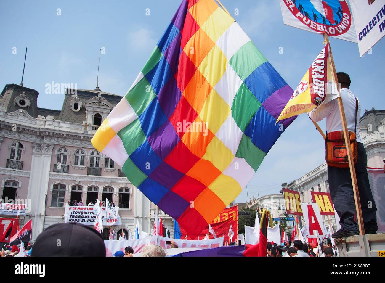 Lima, Peru. 01st May, 2022. Gigantic rainbow color Inca flag being ...