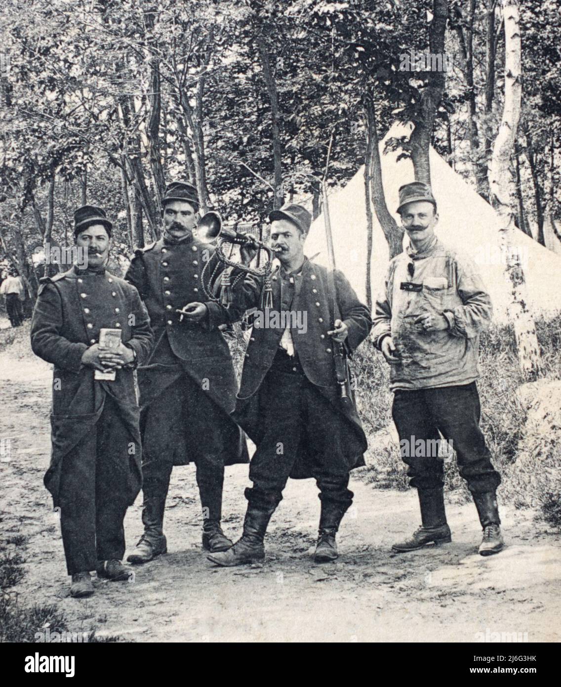 French infantry soldiers in camp d'auvours, one with rifle and bugle ...