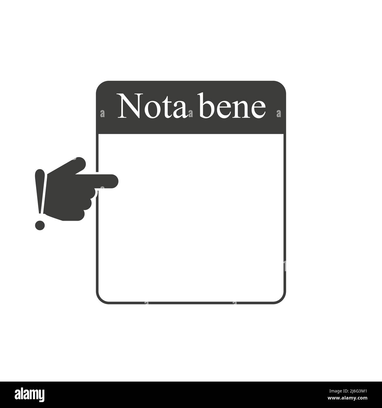 Note, quote, footnote textbox. Nota bene latin phrase. Forefinger and empty text box. Hand ...