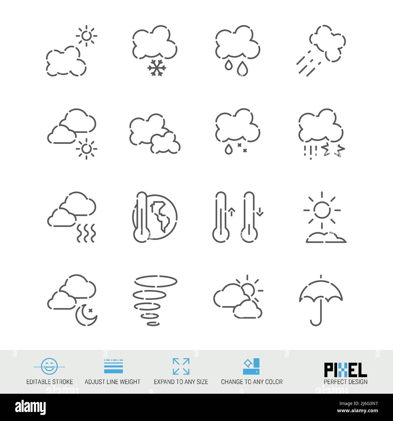 Weather forecast related vector line icon set isolated on white. Pixel ...