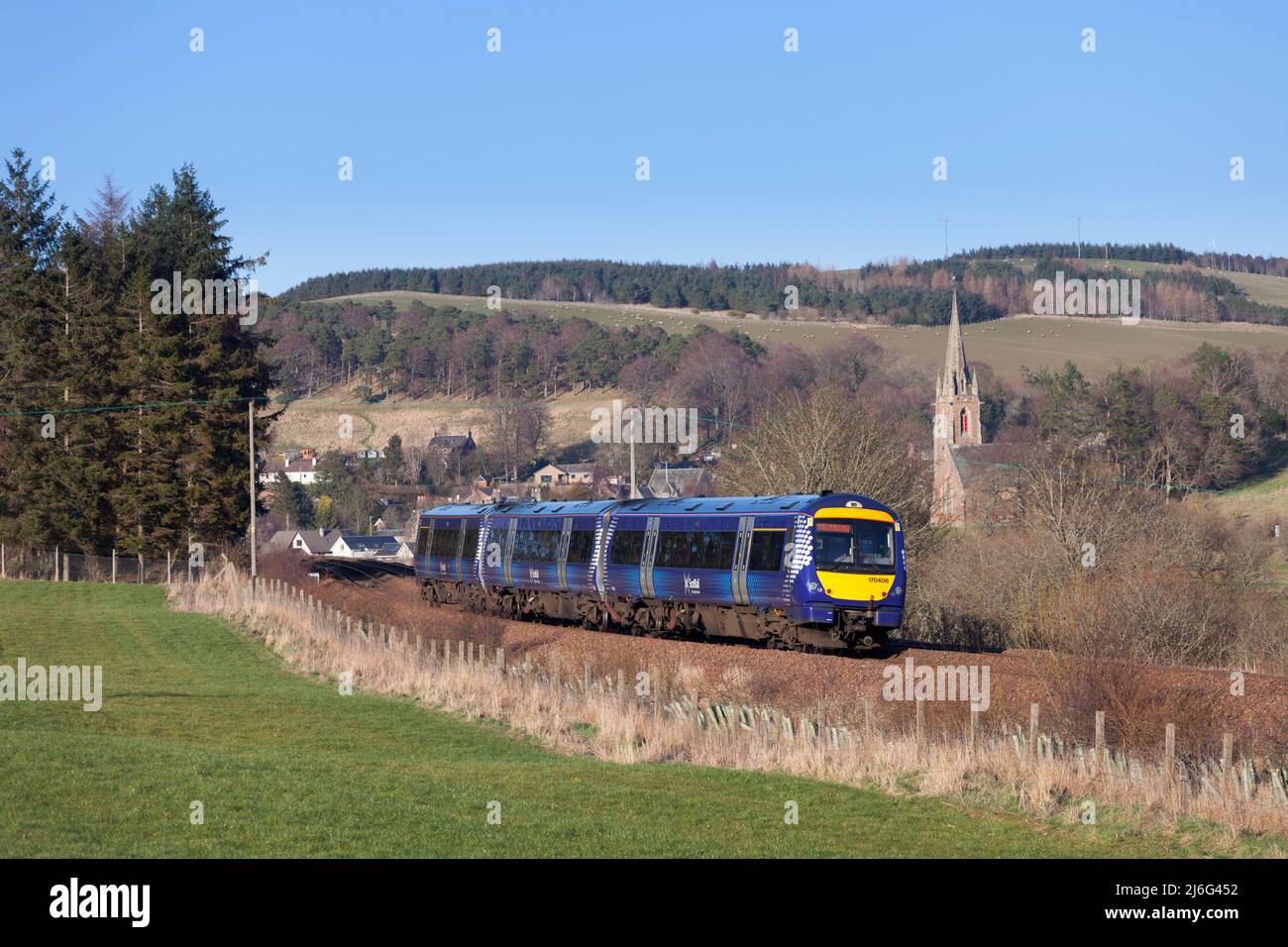 Scotrail class 170 DMU train 170408 passing the countryside and Stow St ...