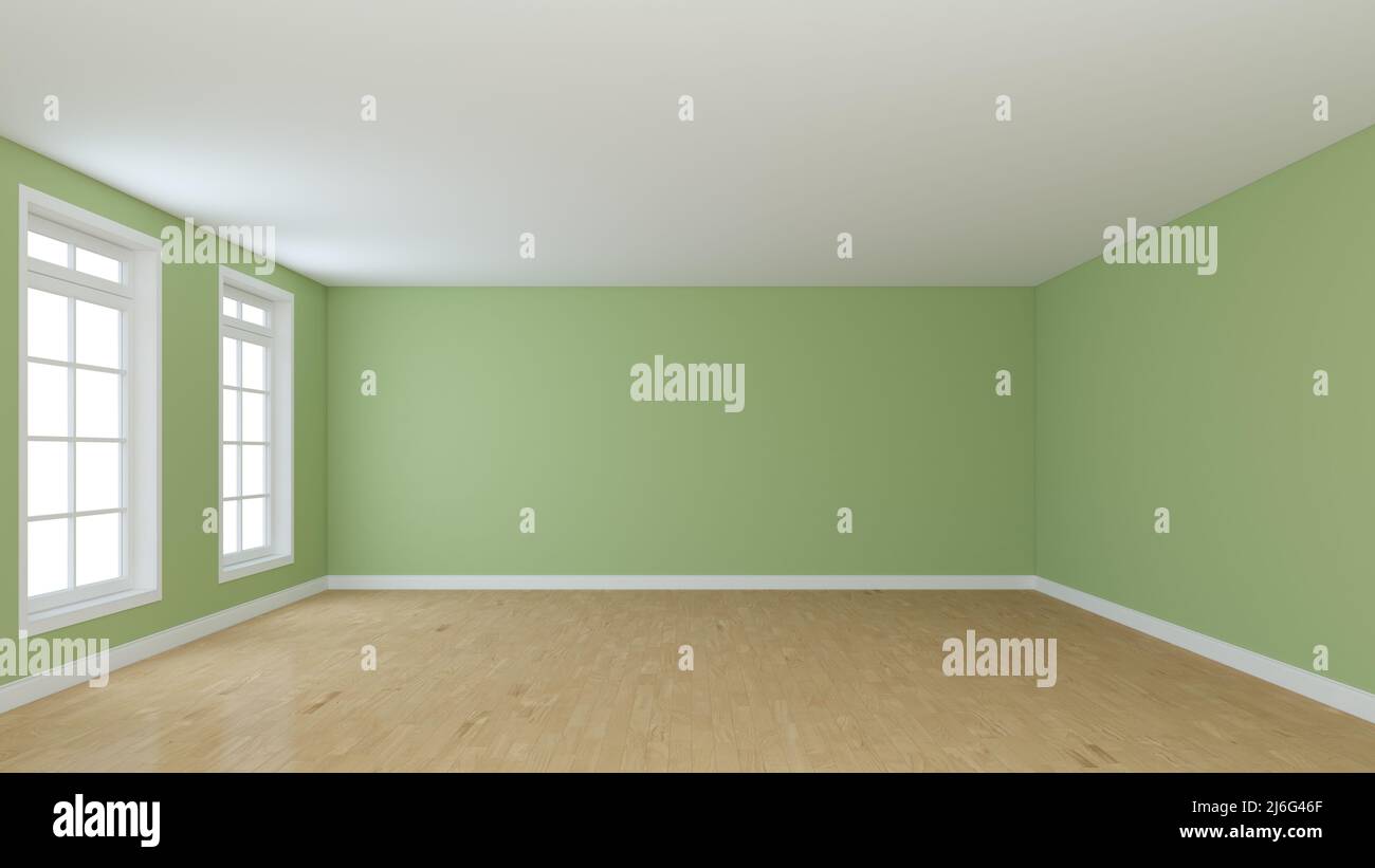 Beautiful Empty Interior with Light Green Walls, Two Windows, Light ...