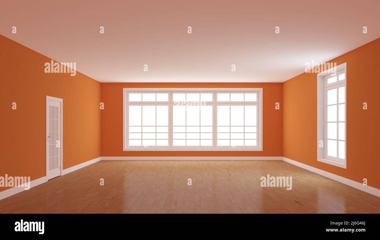Beautiful Empty Room with Orange Walls, Light Parquet Floor, Large Full ...