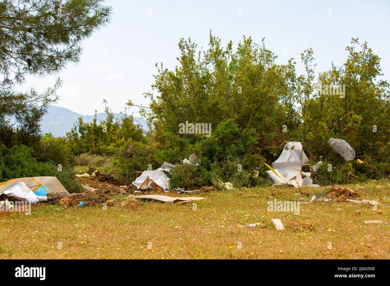 Human garbage thrown into the clean nature. environmental pollution in ...