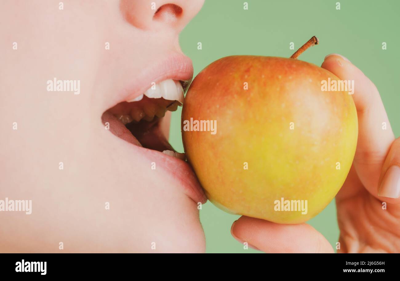 Dental Care. Healthy white teeth closeup with an apple Stock Photo - Alamy