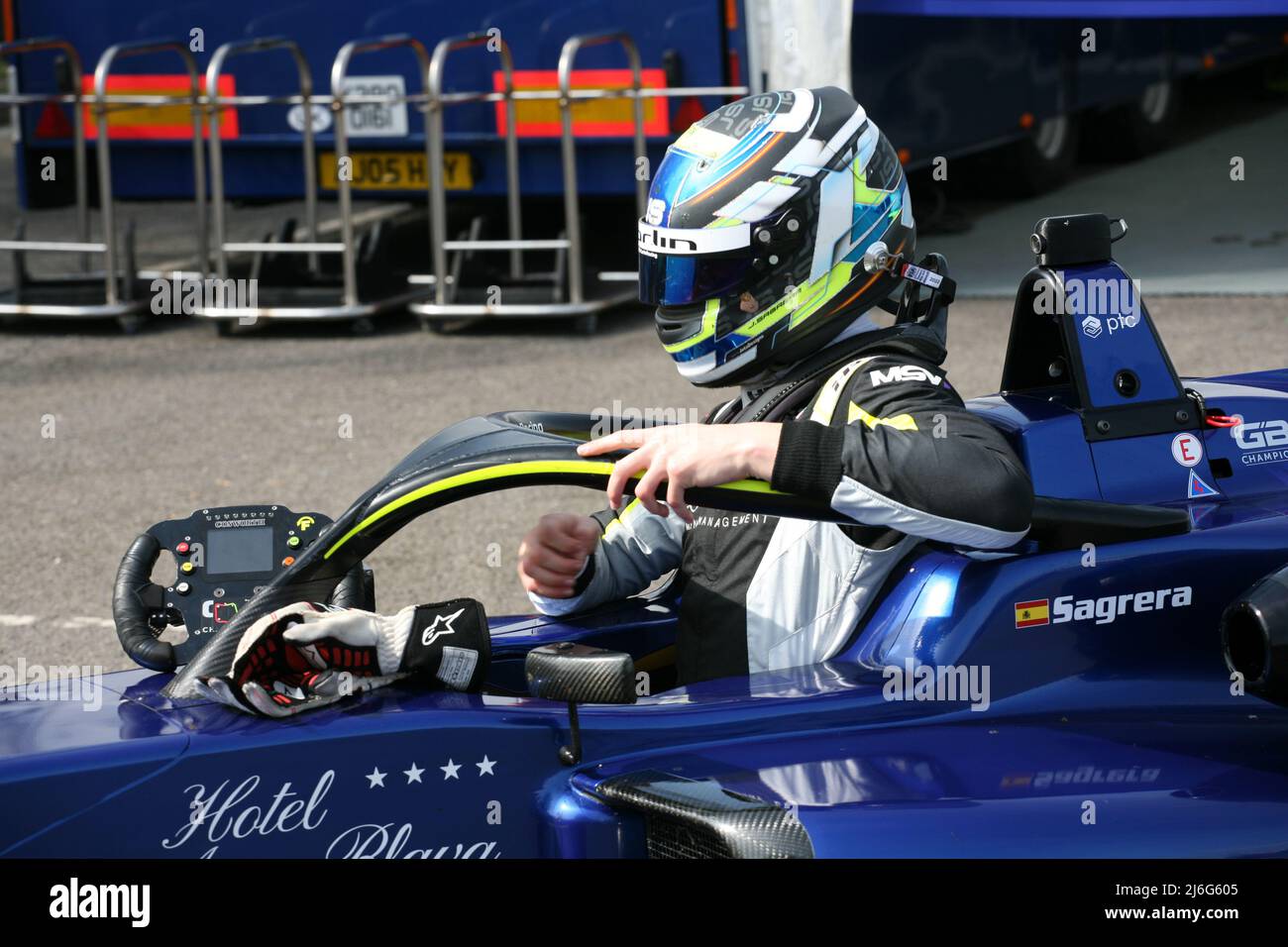 Spanish driver Javier Sagrera, GB3 driver sat in car, helmeted Stock ...