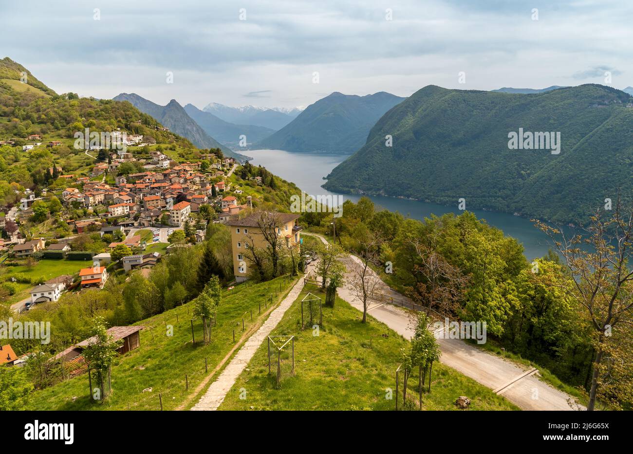 Scenic view of ancient small village Brè-Aldesago on the Monte Bre of ...