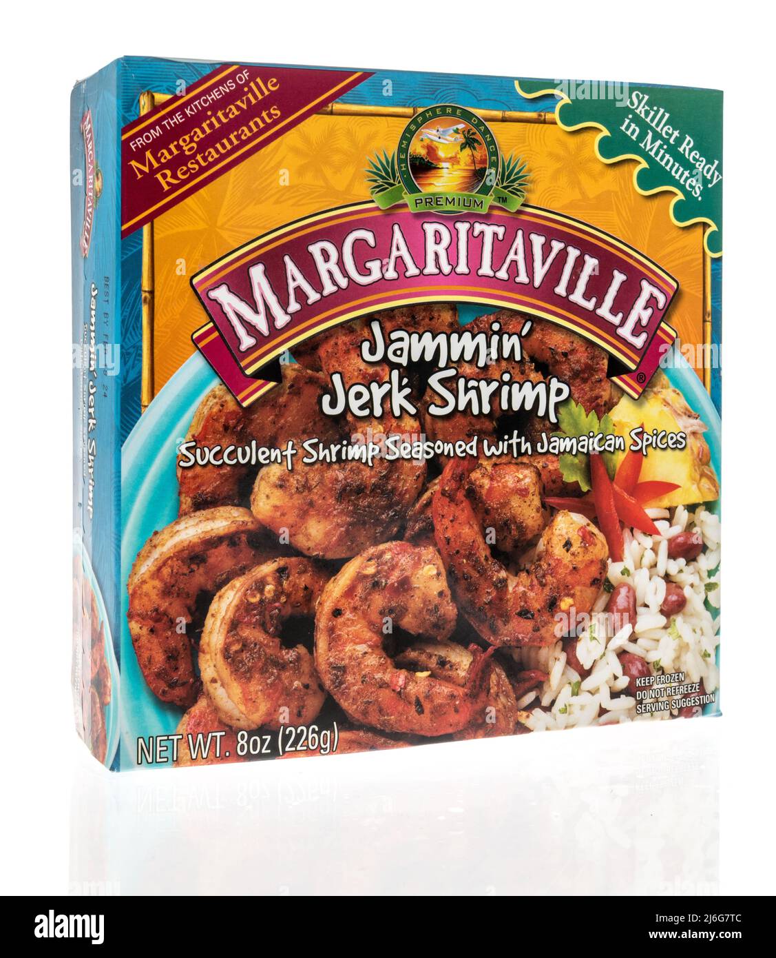 Winneconne, WI -23 April 2022: A package of Margaritaville jammin jerk shrimp on an isolated ...
