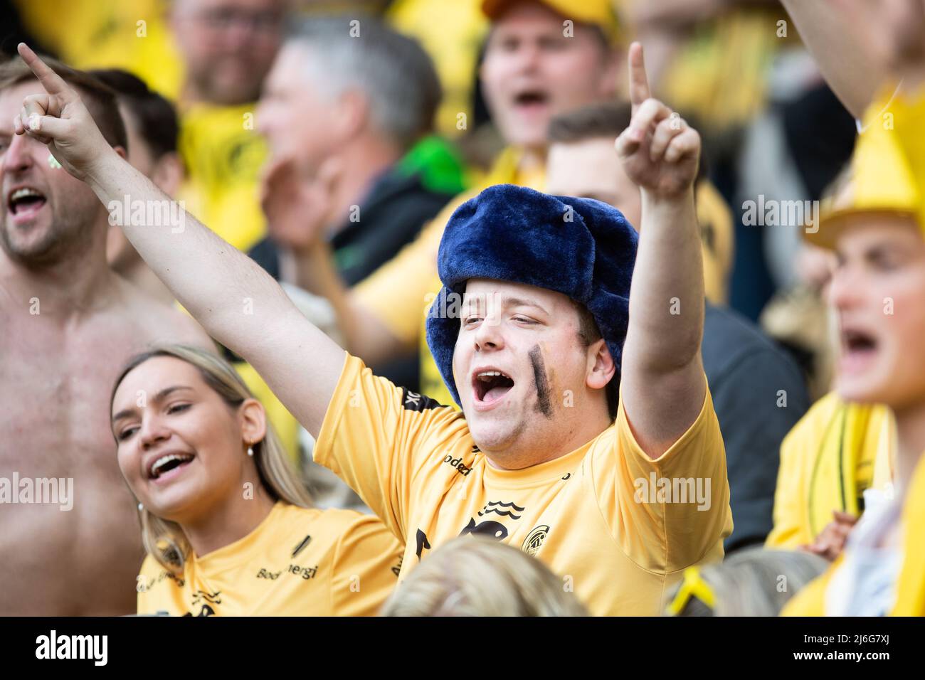 Oslo, Norway. 01st, May 2022. Football fans of Bodoe/Glimt seen on the ...